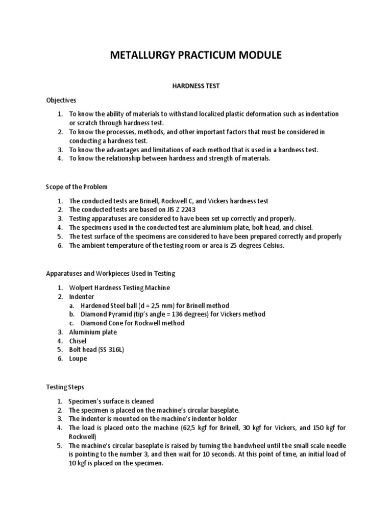 Metallurgy Practicum Module | PDF | Hardness | Ultimate Tensile Strength
