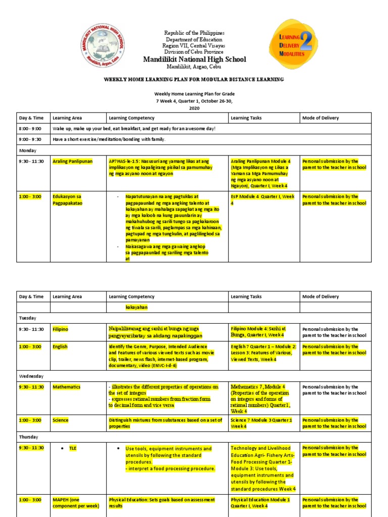 Toaz - Info Weekly Home Learning Plan For Grade 7 Week 3 PR | PDF ...