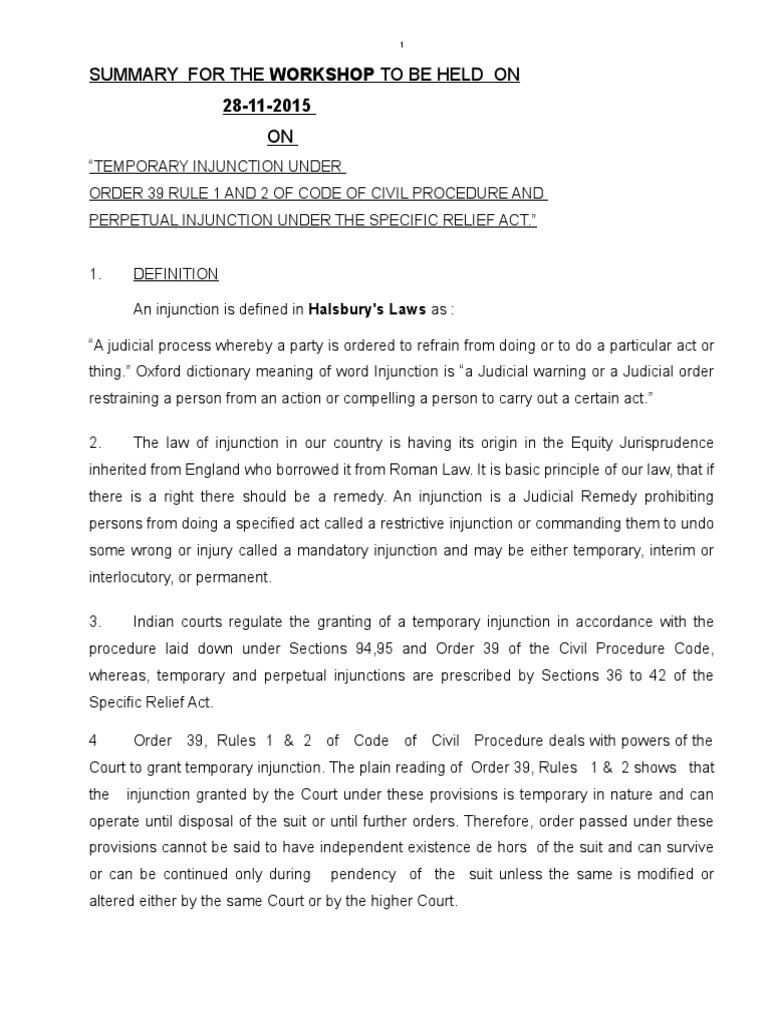 Summary For The Workshop To Be Held On | PDF | Injunction | Equity (Law)