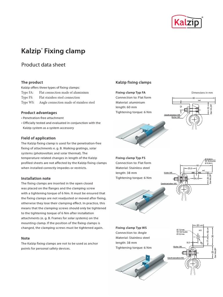 Kalzip Fixing Clamp: Product Data Sheet | PDF | Screw | Manufactured Goods