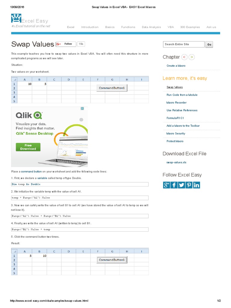 2swap Values In Excel Vba Easy Excel Macros Pdf Microsoft Excel Visual Basic For 