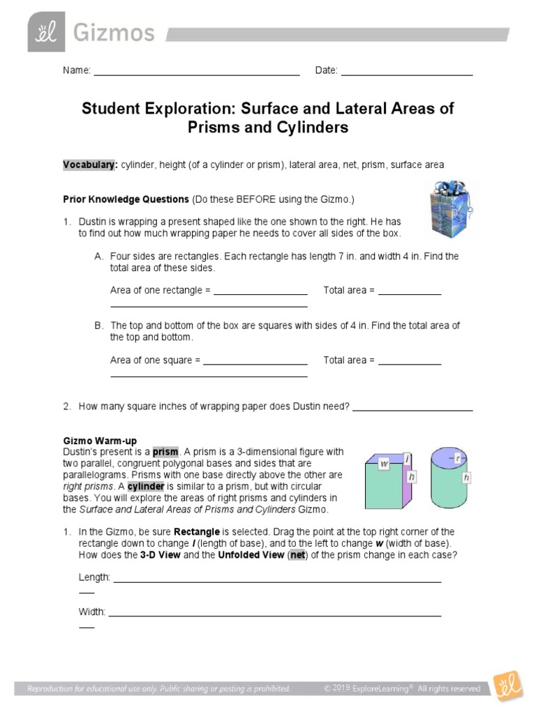 Student Exploration: Surface and Lateral Areas of Prisms and Cylinders | Download Free PDF ...