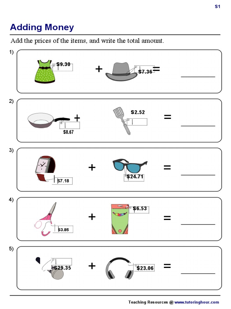 Adding Money: Add The Prices of The Items, and Write The Total Amount | PDF