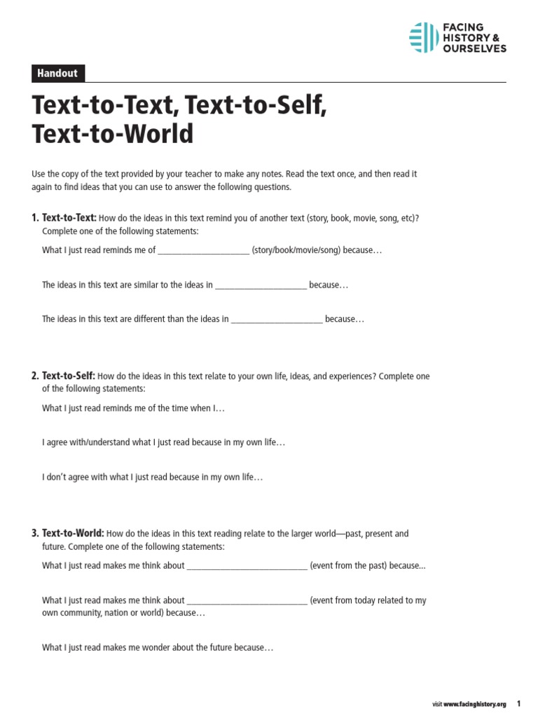 Text-to-Text, Text-to-Self, Text-to-World: Handout | PDF