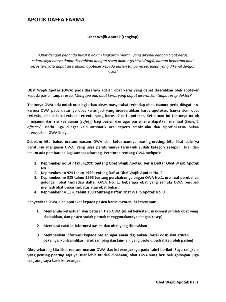 Daftar Obat Wajib Apotek | PDF
