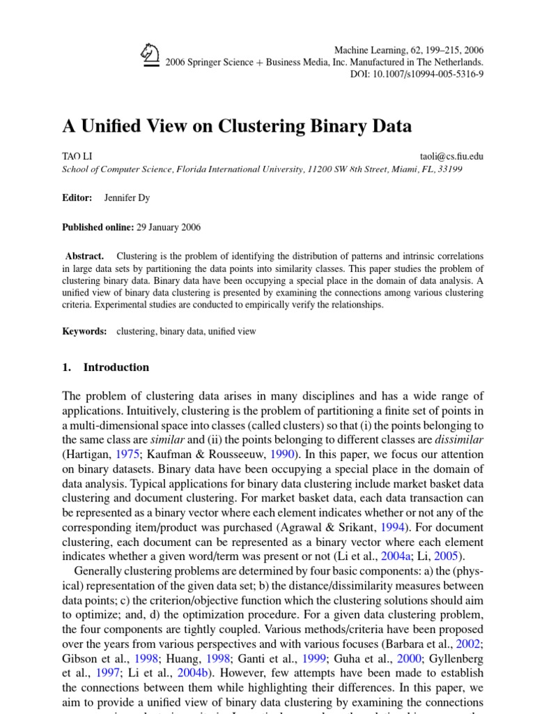 Unified View Cluster Binary Data | PDF | Cluster Analysis | Applied Mathematics