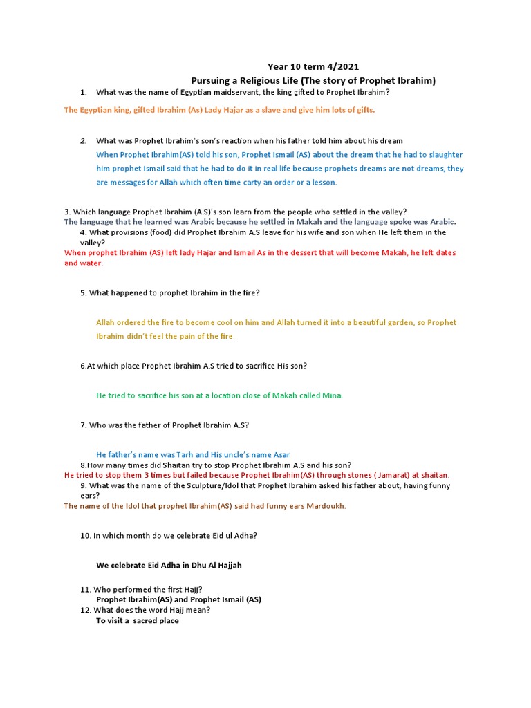 Prophet Ibrahim Quizzes by Dalia Agha Year10 1 | PDF | Hajj | Abrahamic ...