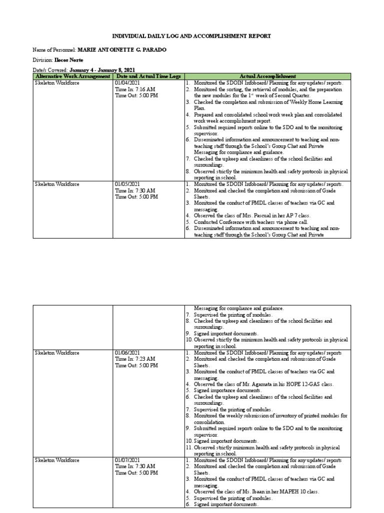 Individual Daily Log and Accomplishment Report - MSG | PDF