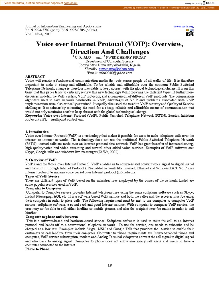 Voice Over Internet Protocol (VOIP) : Overview, Direction and Challenges | PDF | Session ...