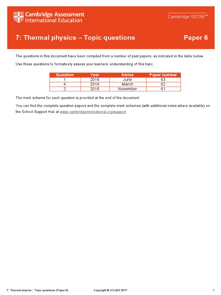7: Thermal Physics - Topic Questions Paper 6: Year Series Paper Number ...
