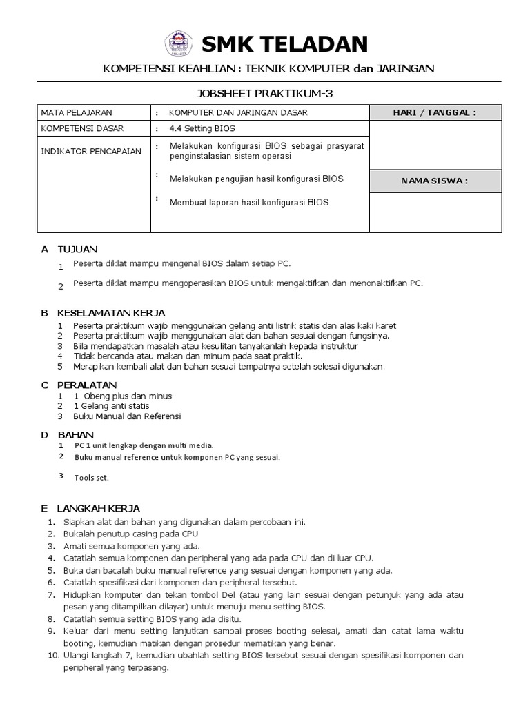 JOBSHEET Instalasi BIOS | PDF | Komputer | Teknologi & Rekayasa