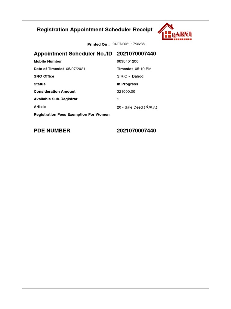 Registration Appointment Scheduler Receipt: Printed On | PDF