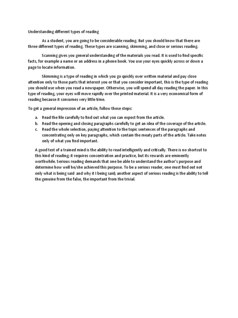 Understanding Different Types Of Reading PDF 