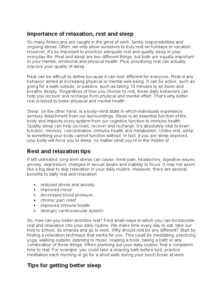 Importance of Relaxation, Rest and Sleep | PDF | Relaxation (Psychology ...