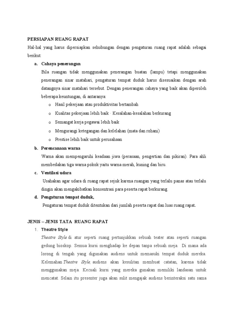 Persiapan Ruang Rapat Dan Jenis-Jenis Ruang Rapat. | PDF