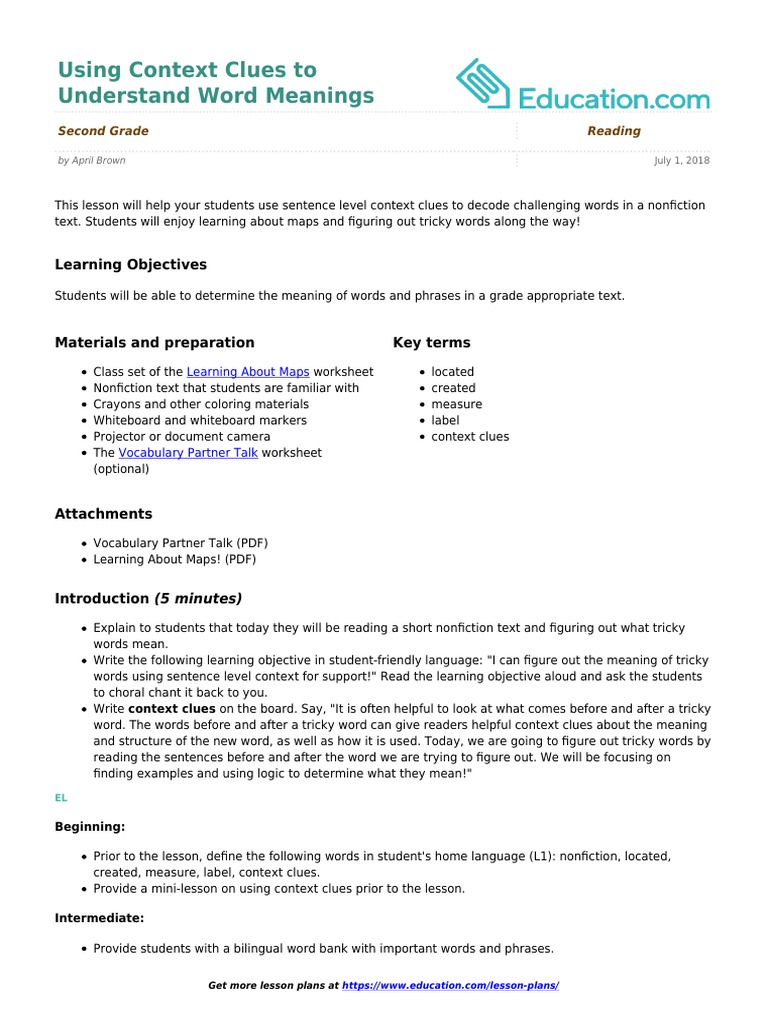 Using Context Clues To Understand Word Meanings: Learning Objectives ...