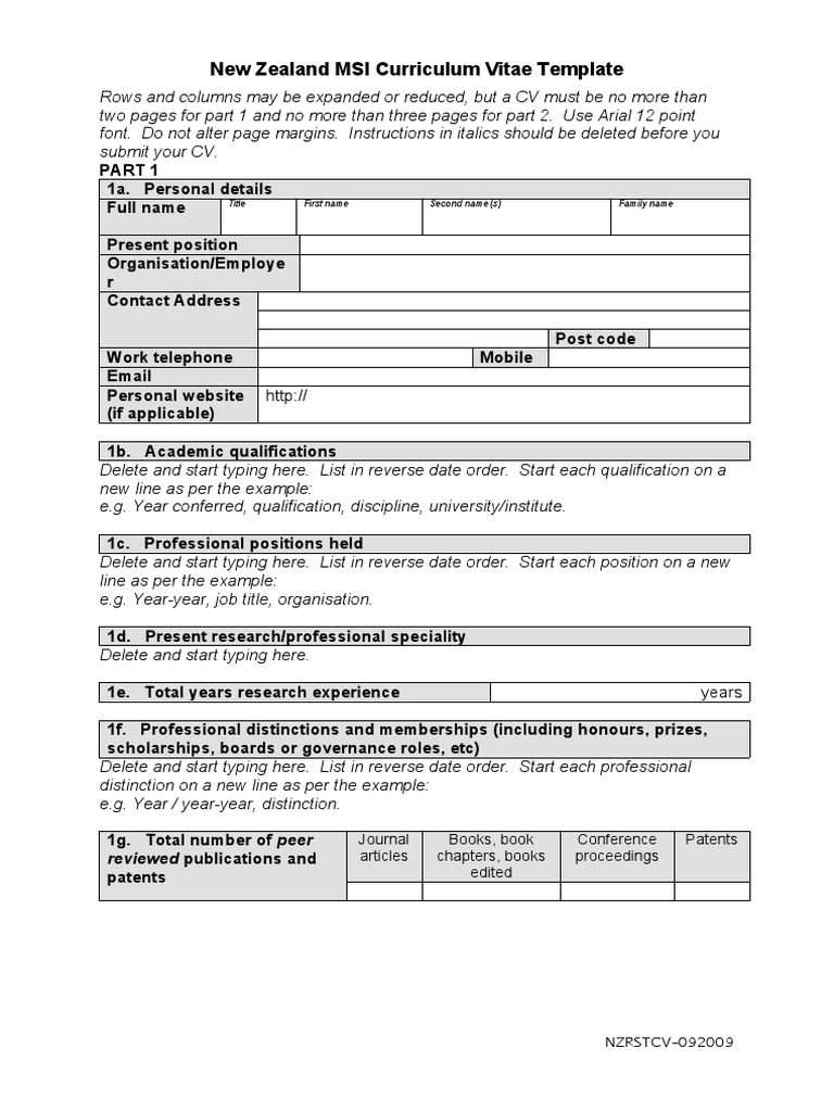 New Zealand MSI Curriculum Vitae Template: Reviewed Publications and ...