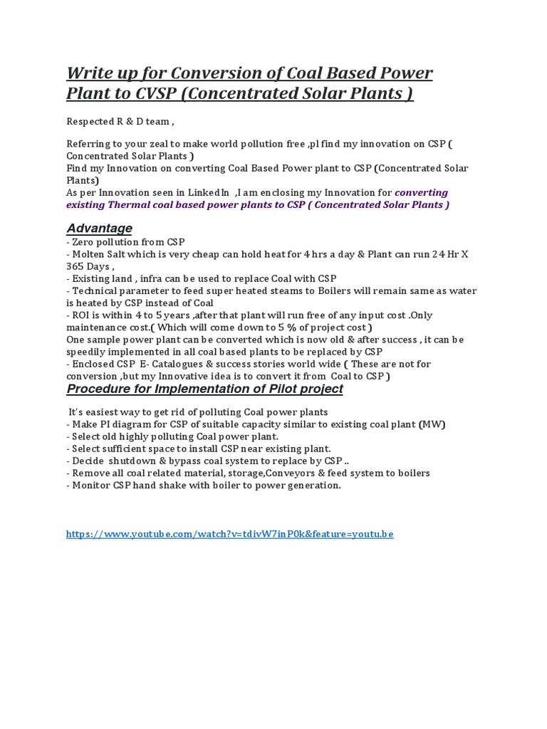 Innovation On Conversion of Coal Based Power Plant To CSP | PDF | Solar ...