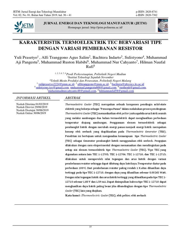 Karakteristik Termoelektrik Tec Bervariasi Tipe Dengan Variasi ...