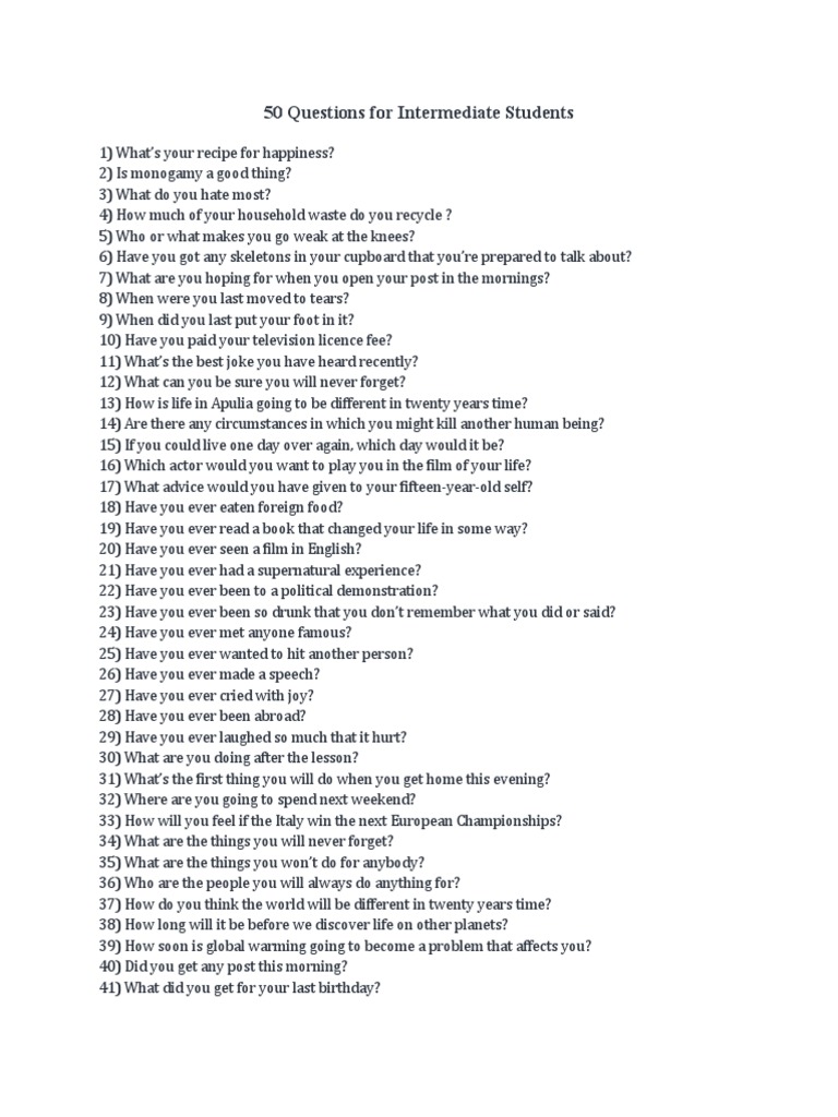 50 Questions For Intermediate Students | PDF