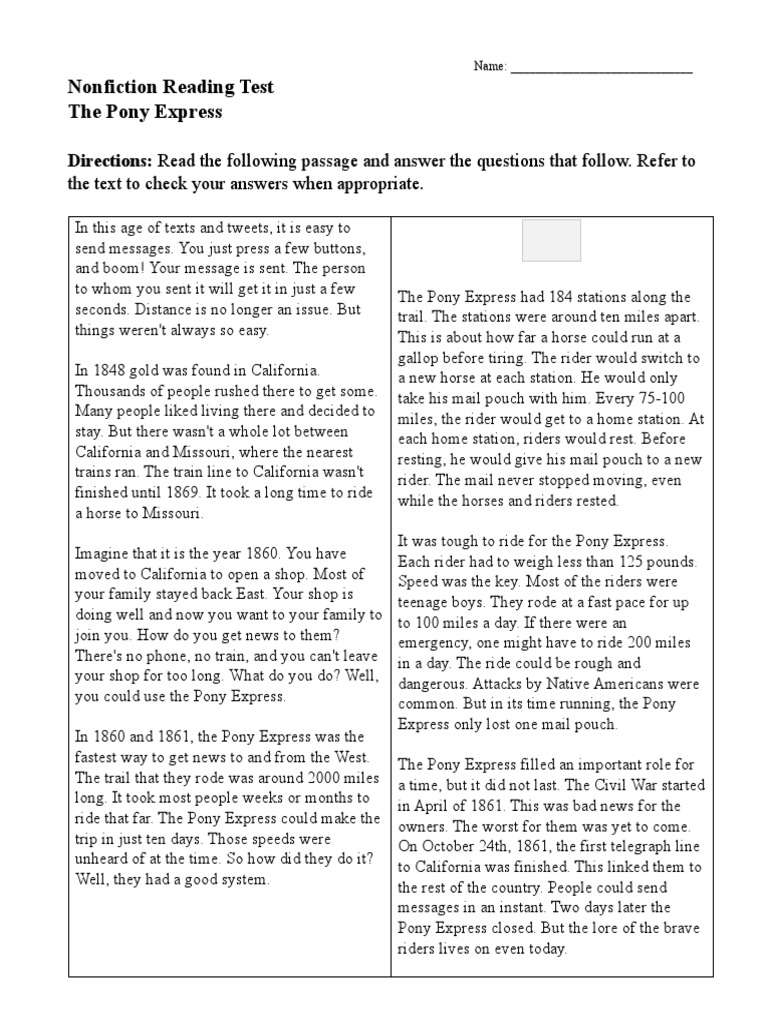 Nonfiction Reading Test The Pony Express | PDF | Pony Express | Pony