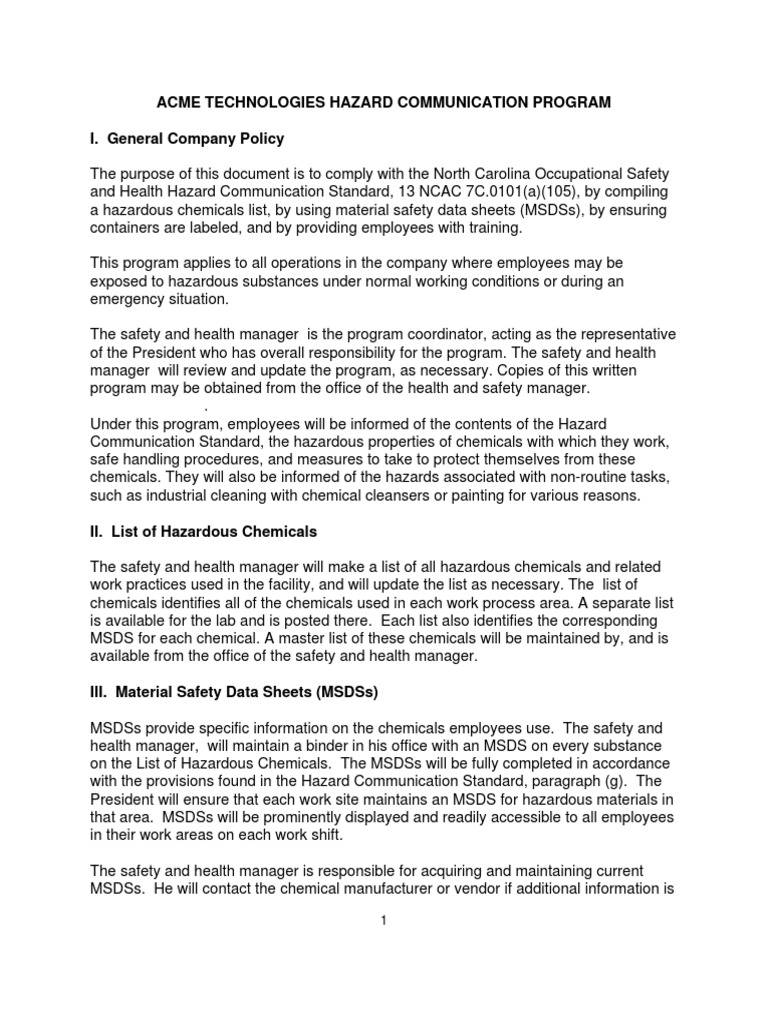 Hazard Communication Program | PDF | Occupational Safety And Health ...