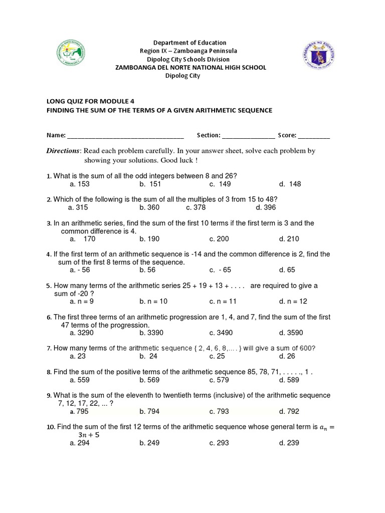 Long Quiz For Module 4 Finding The Sum of The Terms of A Given Arithmetic Sequence | PDF ...