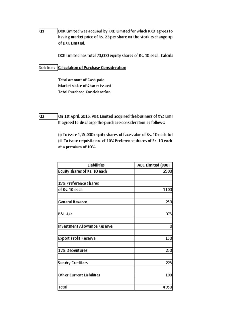 Purchase Consideration - Solution | PDF | Equity (Finance) | Balance Sheet