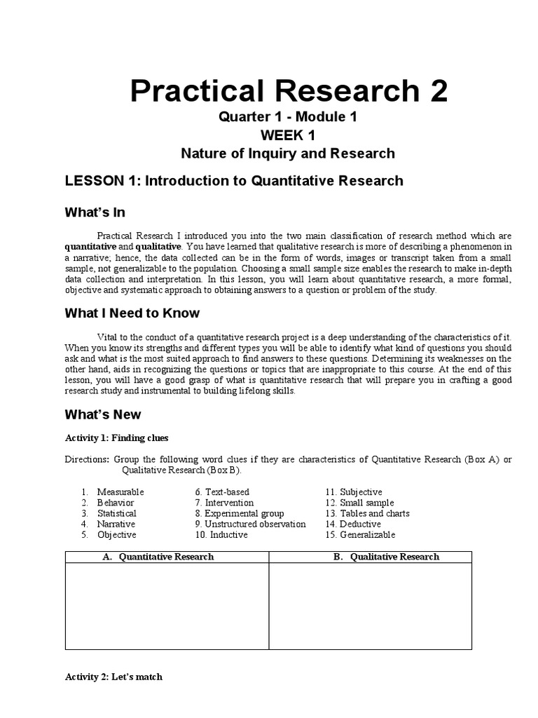 Grade 12 - Practical Research 2 Q1W1 | PDF | Quantitative Research ...