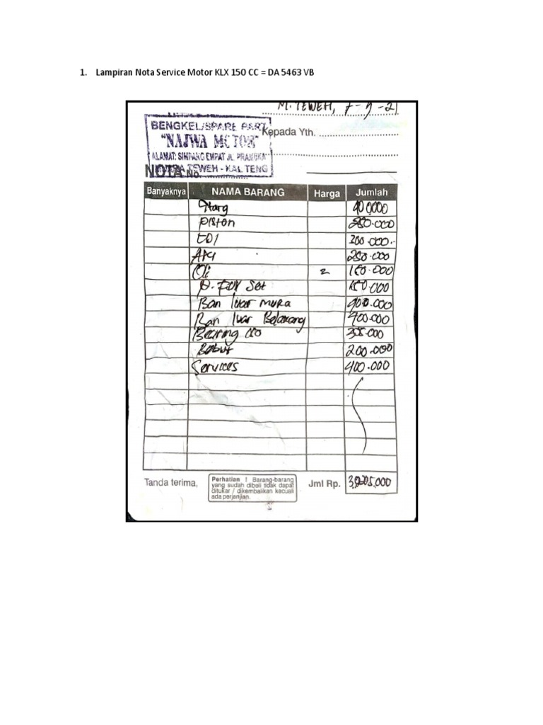 Lampiran Nota Service Motor KLX 150 CC | PDF