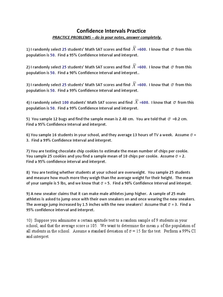 Confidence Intervals Practice: PRACTICE PROBLEMS - Do in Your Notes ...