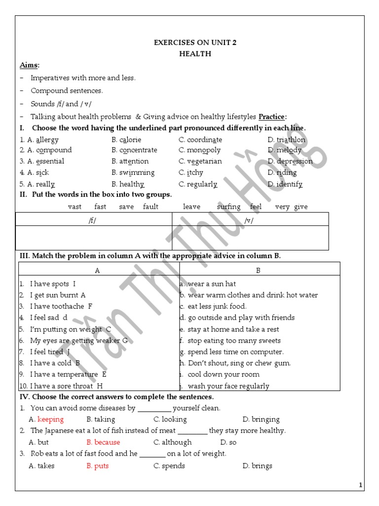 Unit 2 Exercises - Grade 7 | PDF | Foods | Nutrition