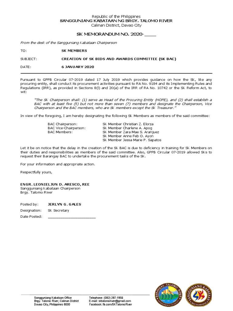 SK MEMORANDUM NO. 2020 - : Sangguniang Kabataan NG Brgy. Talomo River ...