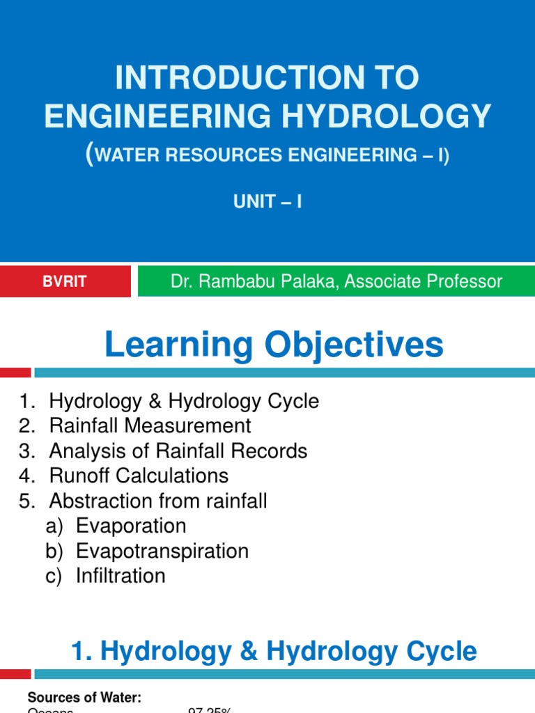 Introduction To Engineering Hydrology: Water Resources Engineering - I ...