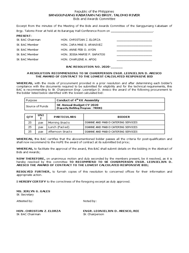 SK BAC Resolution for Contract Award | PDF | Government | Policy
