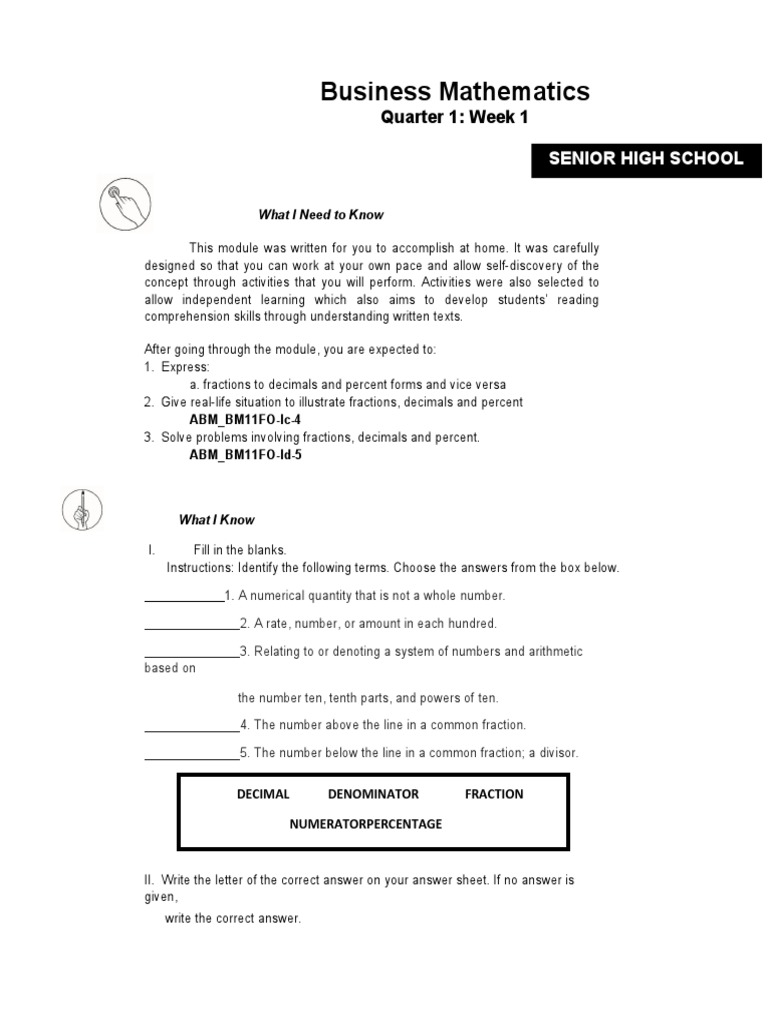 Business Math Module 1 Week 1 A4 | PDF | Decimal | Lexicology