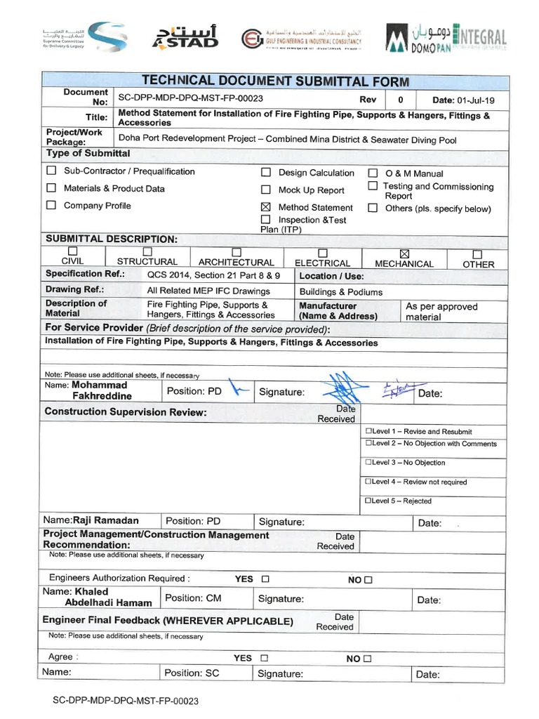 Firefighting Network Method Statement | PDF | Pipe (Fluid Conveyance ...