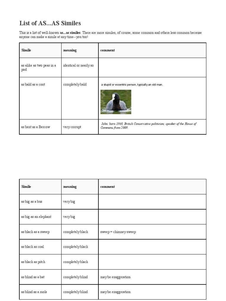 List of AS... AS Similes: Simile Meaning Comment | PDF