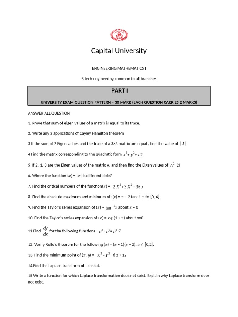 CAPITAL Engineering Mathematics 1 Assignment | PDF | Matrix ...