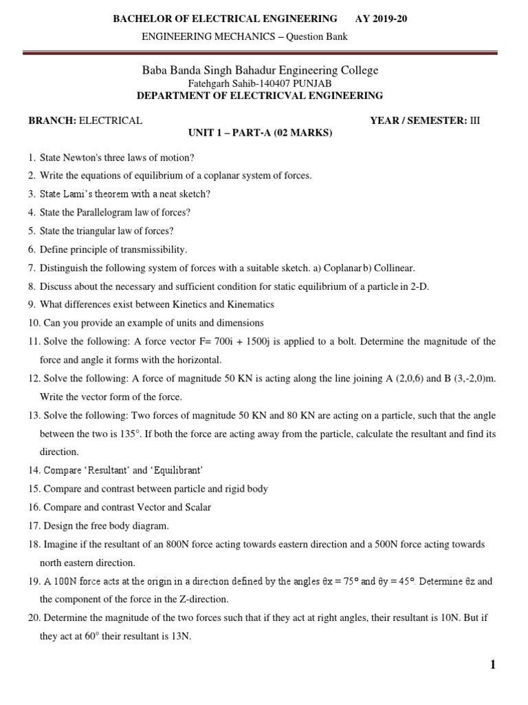 Engineering Mechanics Question Bank Covering Forces, Moments, Centroids ...