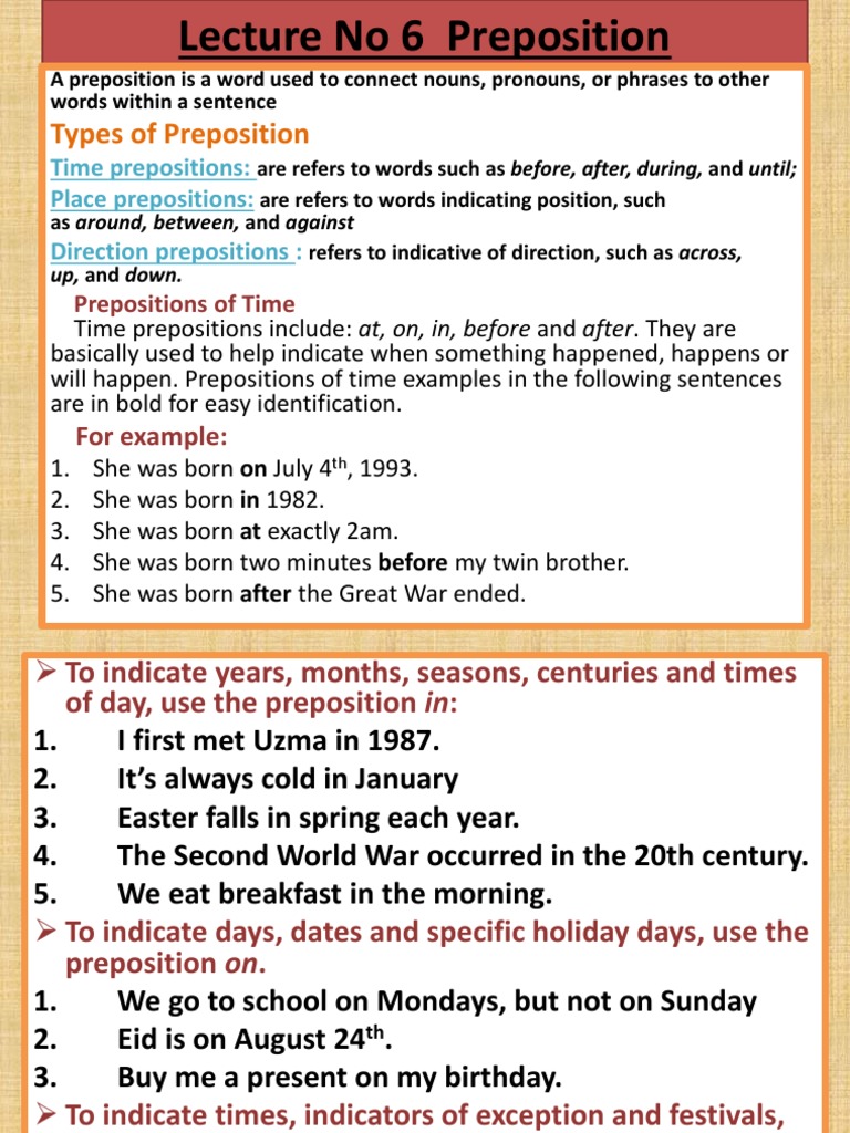6th Lecture Preposition 1 | PDF | Preposition And Postposition | Verb