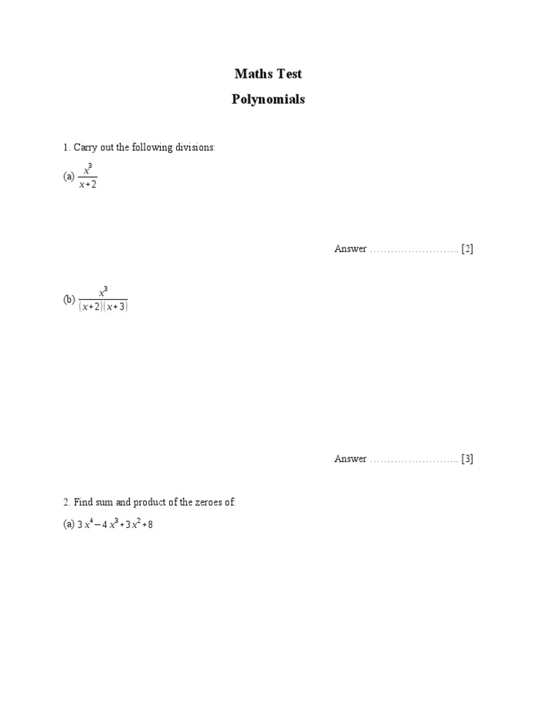 Maths Test Polynomials: 1. Carry Out The Following Divisions: (A) X | PDF
