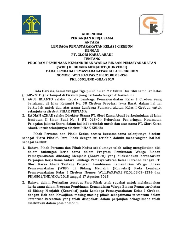 ADDENDUM MOU Kerjasama KONVEKSI Dengan PT. Gloria Karsa Abadai | PDF