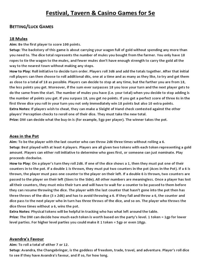 Festival, Tavern & Casino Games For 5e | PDF | Betting In Poker | Gambling