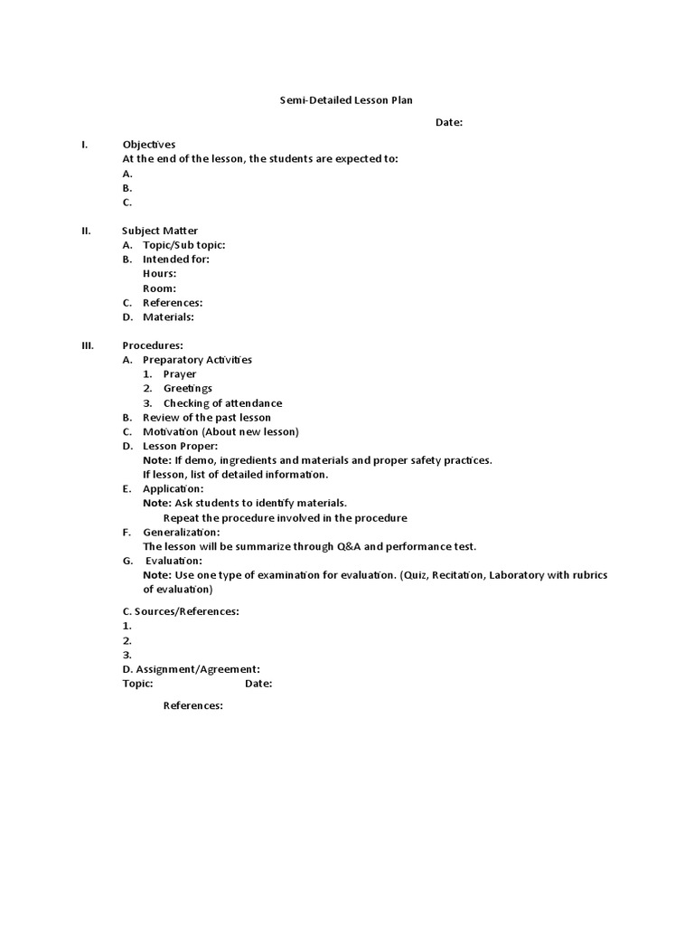 Semi-Detailed Lesson Plan Template | PDF