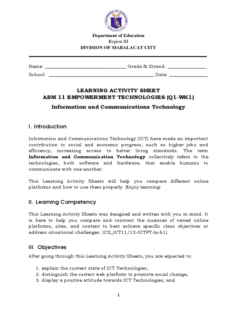 Learning Activity Sheet Abm 11 Empowerment Technologies (Q1-Wk1) Information and Communications ...