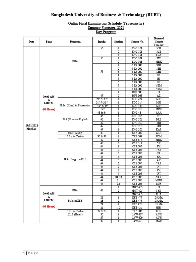 Online Final Examination Schedule for Bangladesh University of Business ...