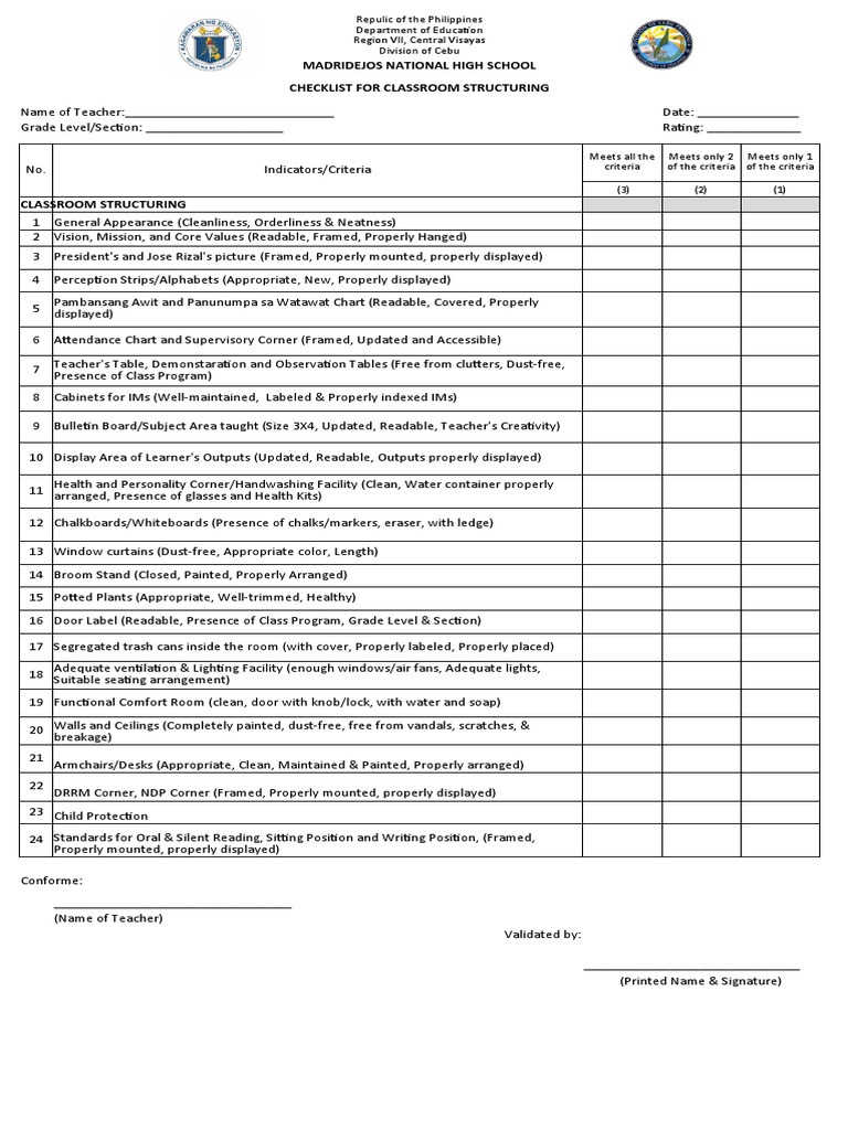 Checklist For Classroom Structuring Latest 1 | PDF | Classroom