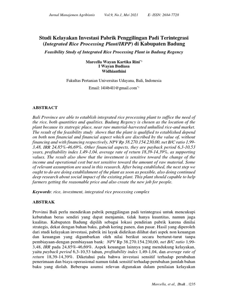 Studi Kelayakan Investasi Pabrik Penggilingan Padi Terintegrasi ...