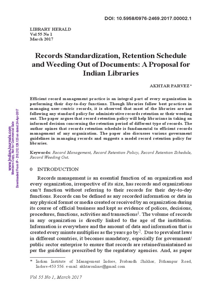 Records Standardization, Retention Schedule and Weeding Out of ...